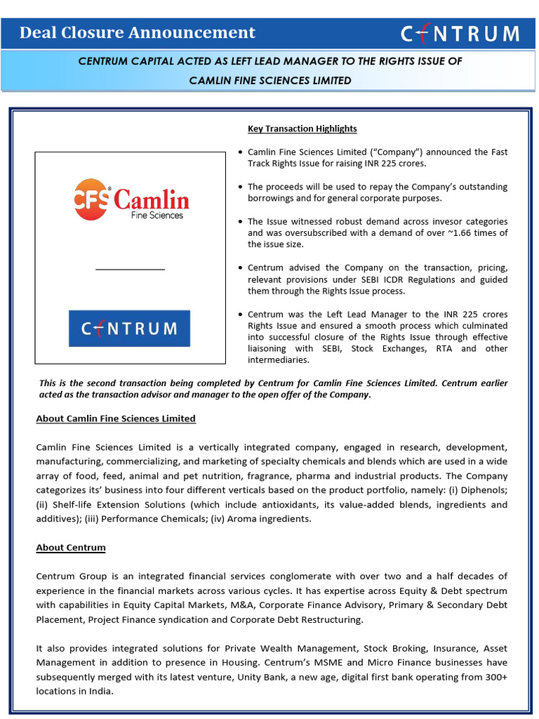 Deal Closure Announcement - CFSL - Rights Issue | PDF | Money ...