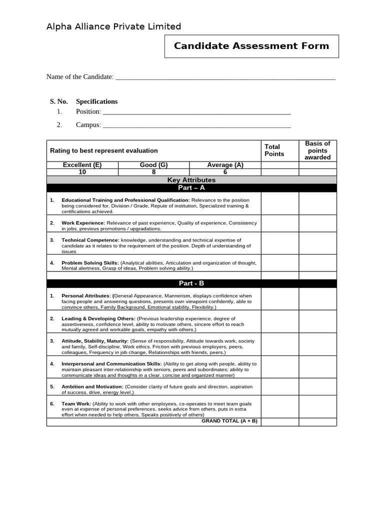 Candidate Assessment Form | PDF | Experience | Goal