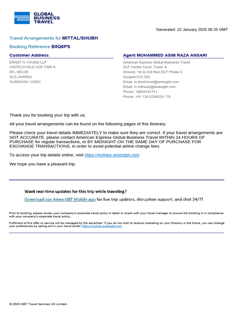 Amex GBT Travel Itinerary for Shubh Mittal | PDF
