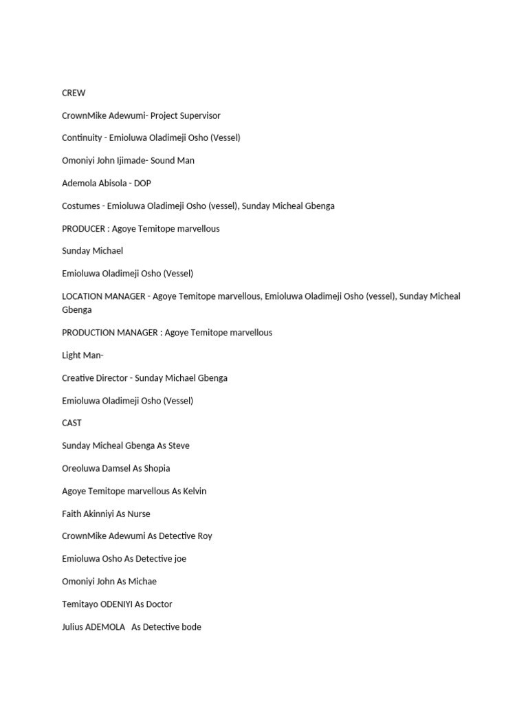 Film Crew and Cast List | PDF