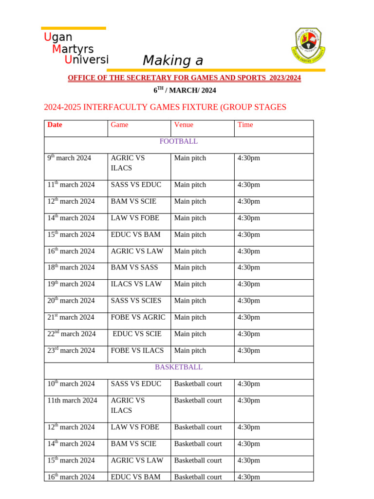 2024-2025 Umusu Interfaculty Games Fixtures | PDF