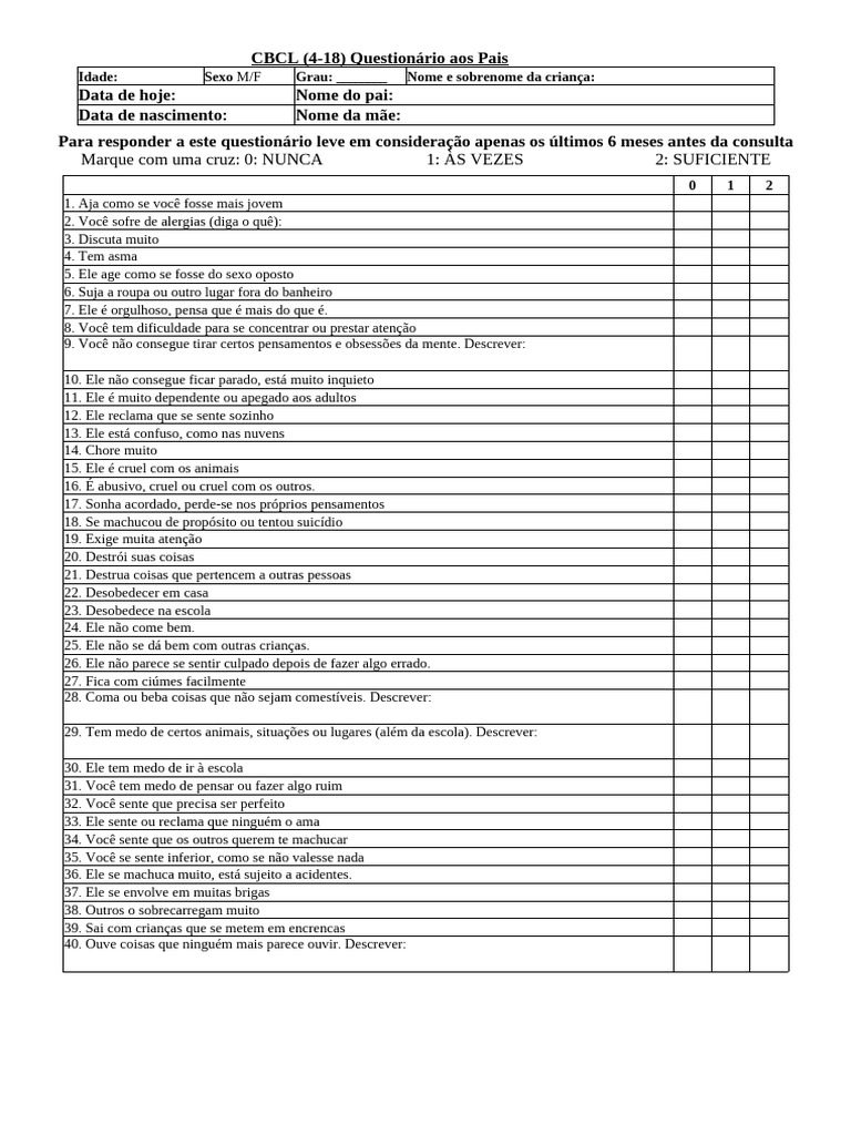 Questionário CBCL para Pais de Crianças | PDF | Medição | Depressão