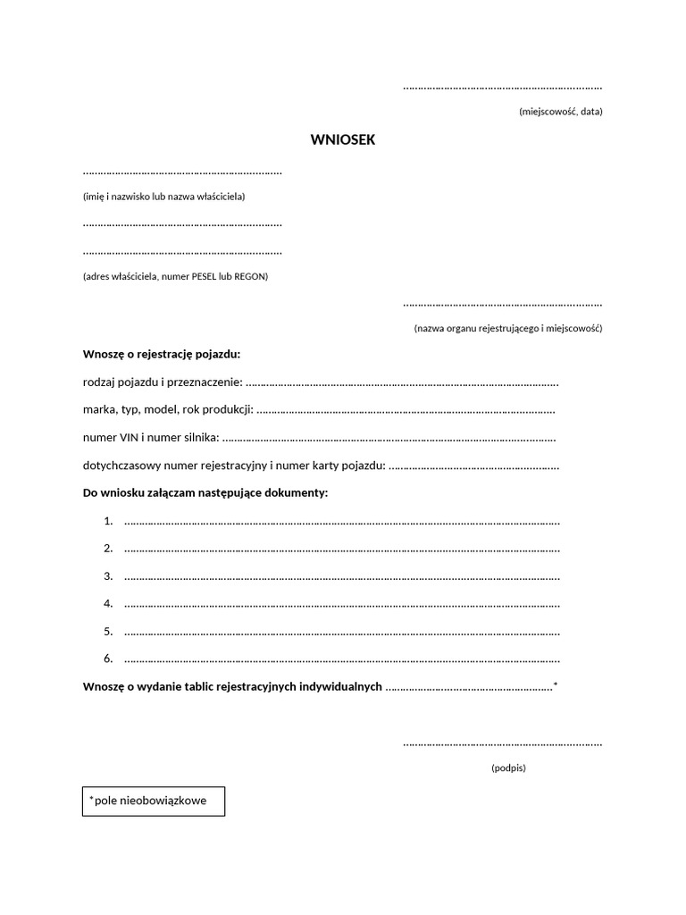 Wniosek Rejestracja Pojazdu Wz r Doc | PDF