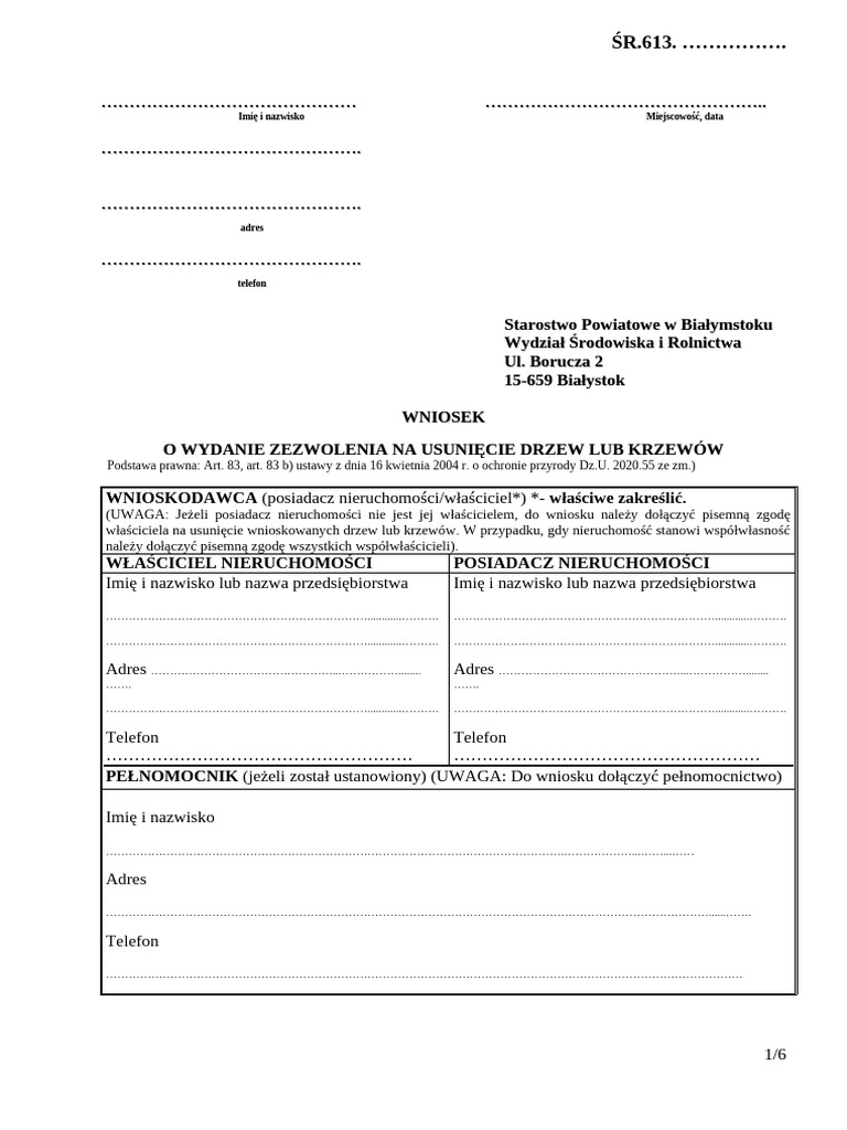 Wniosek o Wydanie Zezwolenia Na Usuniecie Drzew I Krzewów Z Terenów Nieleśnych | PDF