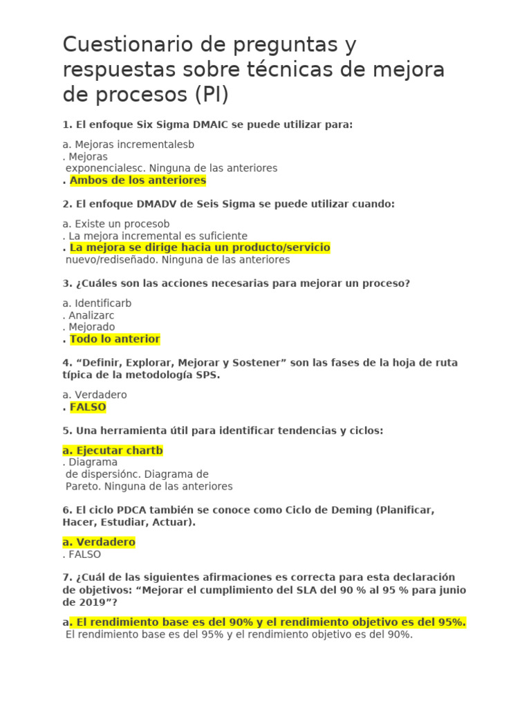 Técnicas de Mejora de Procesos (PI) Cuestionario de MCQs Con Respuestas Por Genesis Mudarra ...