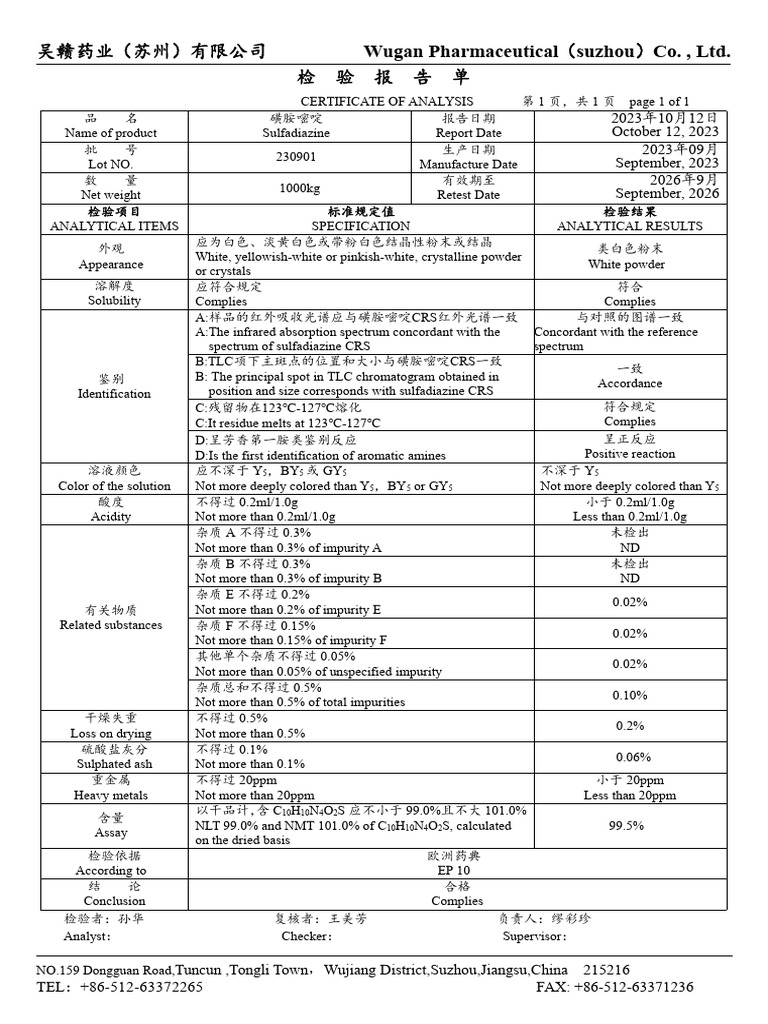 Sulphadiazine Referenced COA | PDF