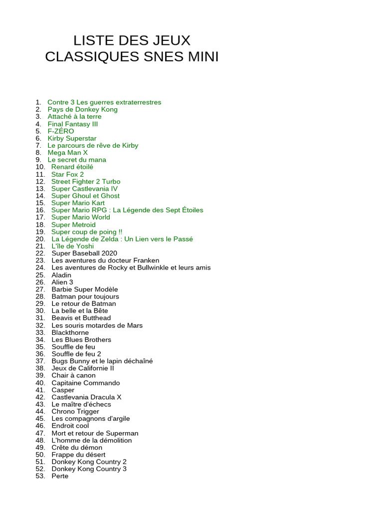 Liste des jeux SNES Mini | PDF | Nintendo