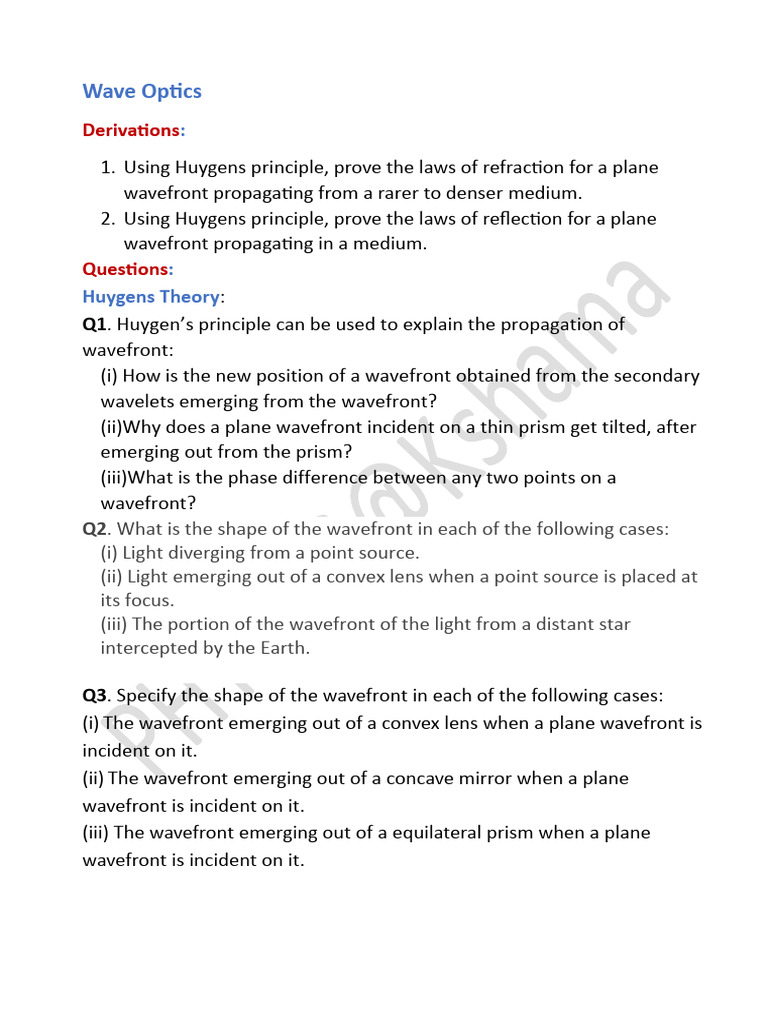 Wave Optics - Question Bank | PDF | Optics | Light