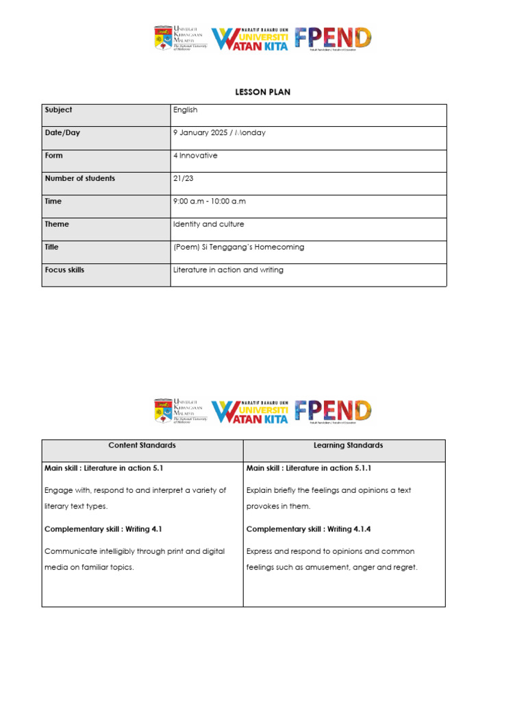 Si Tenggang's Homecoming Lesson Plan | PDF | Learning Theory (Education ...