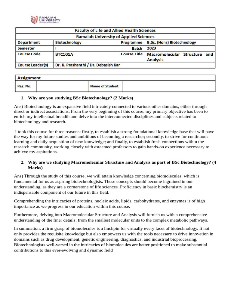 Biochem Assignment Final | PDF | Dna | Chemistry