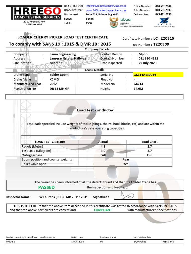 Load Test - Loader CHERRY PICKER July 2024 | PDF | Crane (Machine) | Wear