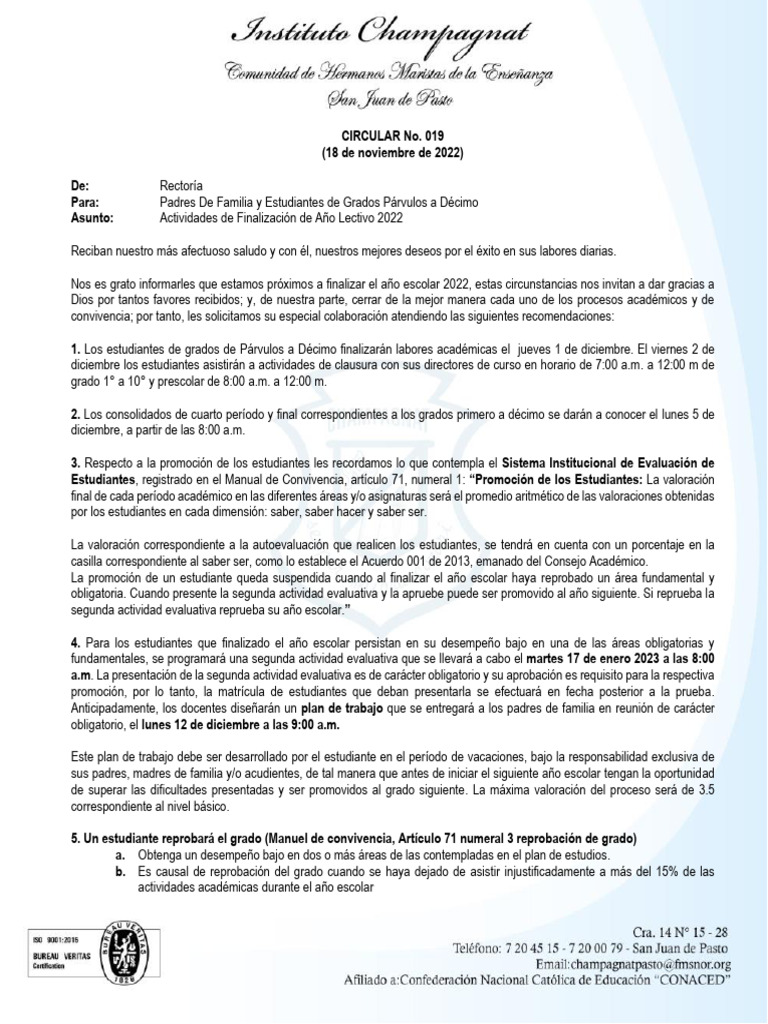 Circular 19 Fin de Aã o Escolar PÃ¡rvulos A DÃ©cimo 2022 | PDF