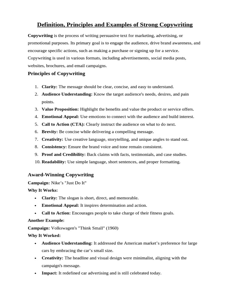 Definition of Copywriting, Principles and Examples of Copywriting | PDF ...