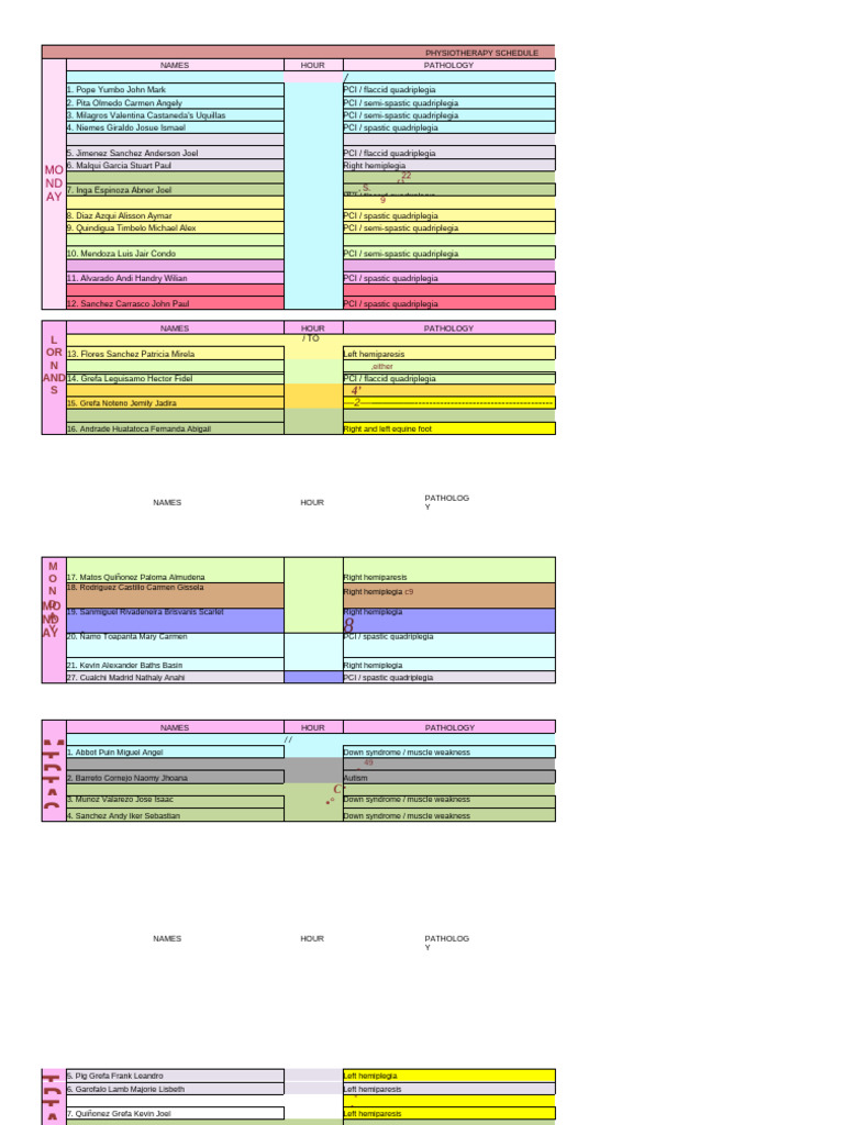 Physiotherapy Schedule | PDF | Biomechanics | Diseases And Disorders