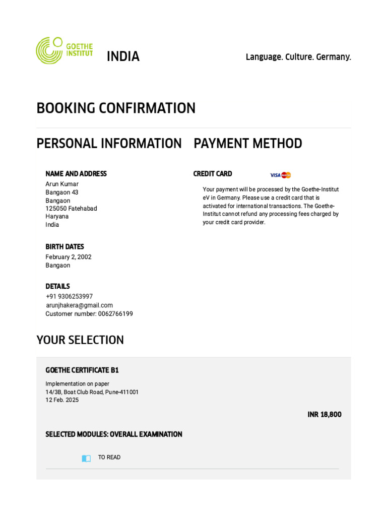 Goethe B1 Exam Booking Confirmation | PDF