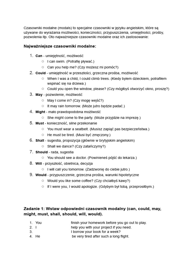 Czasowniki Modalne J.angielski | PDF
