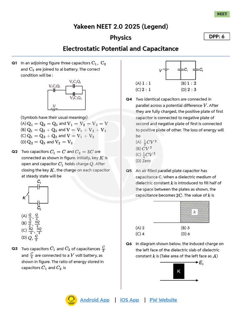 Electrostatic Potential and Capacitance _ DPP 06(of Lec-11) | PDF | Capacitor | Capacitance