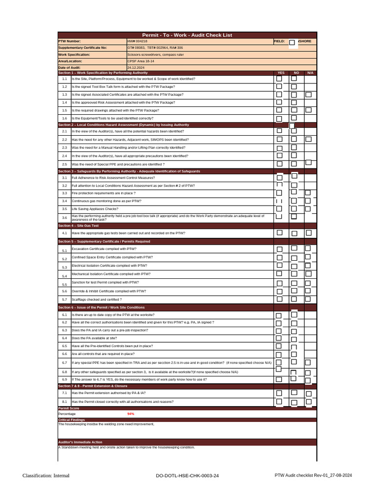 PTW Audit Checklist - ENG | PDF | Risk Assessment | Audit