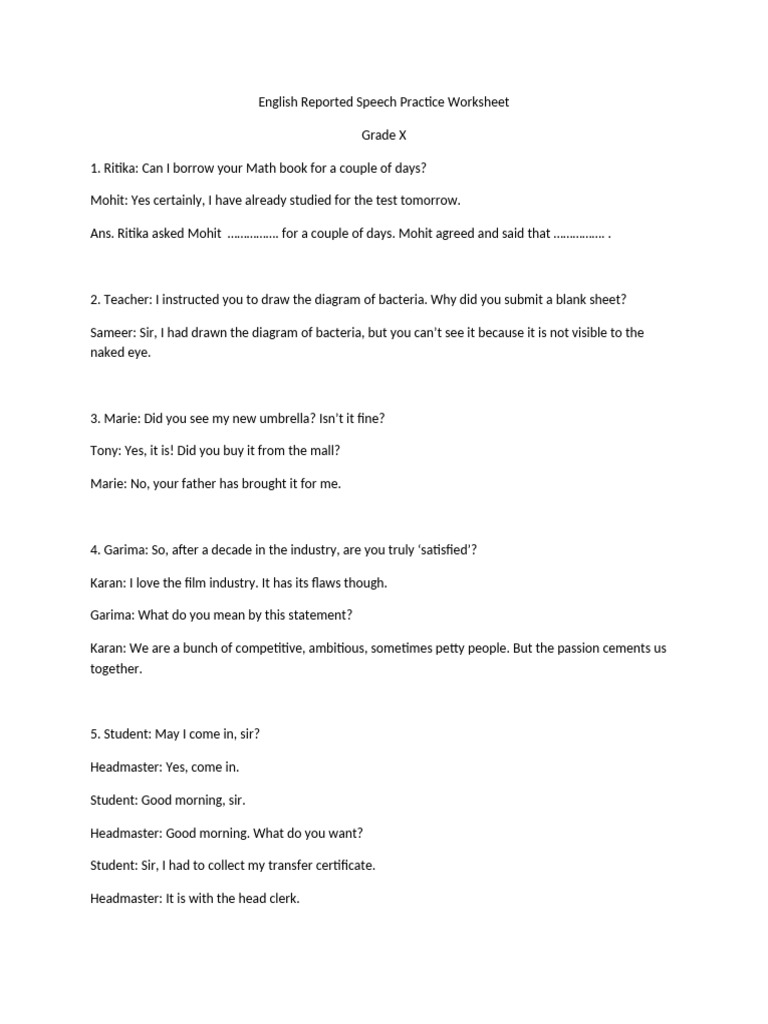Reported Speech Practice Worksheet | PDF