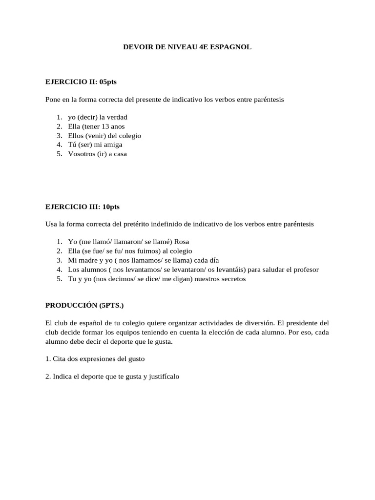 Devoir de Niveau 4e Espagnol | PDF