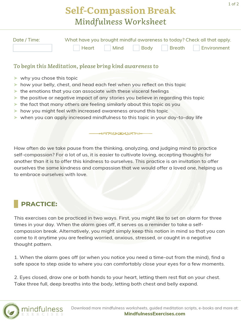 Self-Compassion Break Worksheet | PDF | Mindfulness | Behavioural Sciences