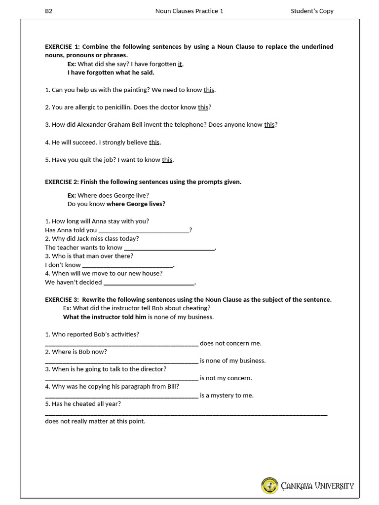 Noun Clauses Practice 1 - b2ncl001s (1) | PDF | Clause | Subject (Grammar)