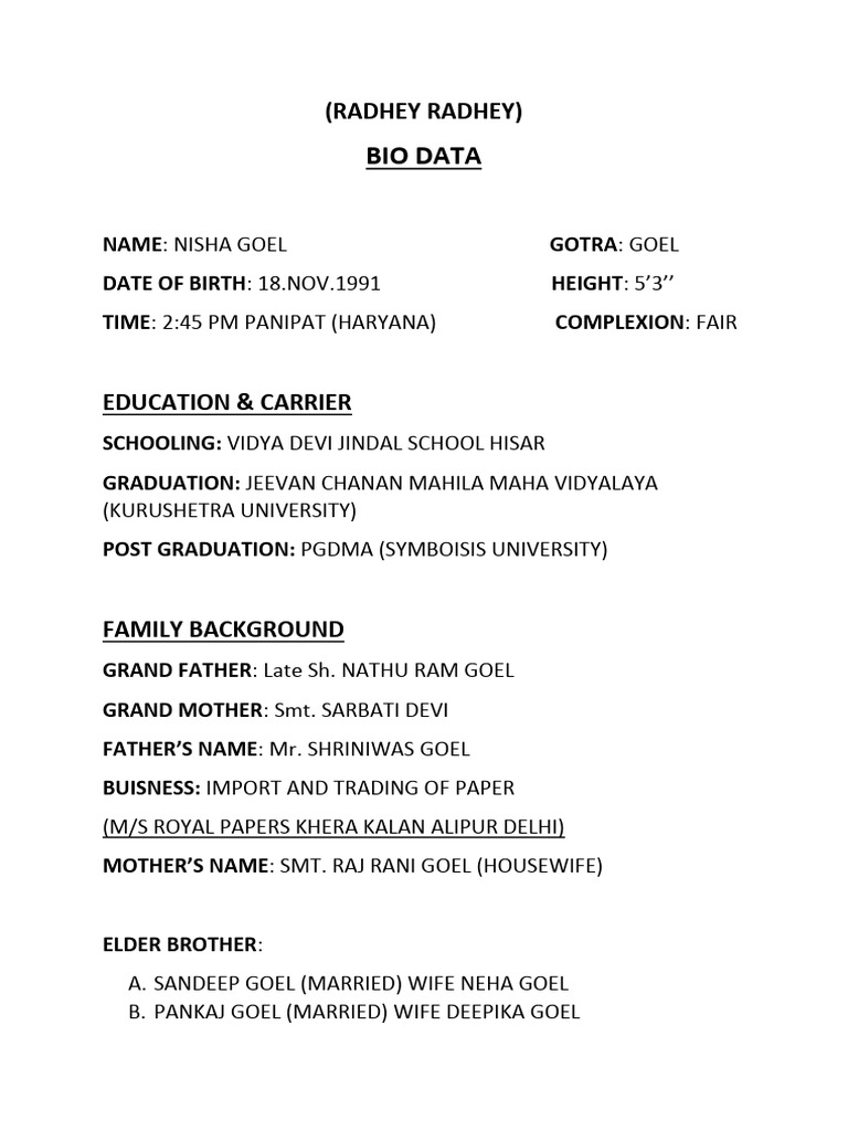 Nisha Goel Bio Data & Family Info | PDF
