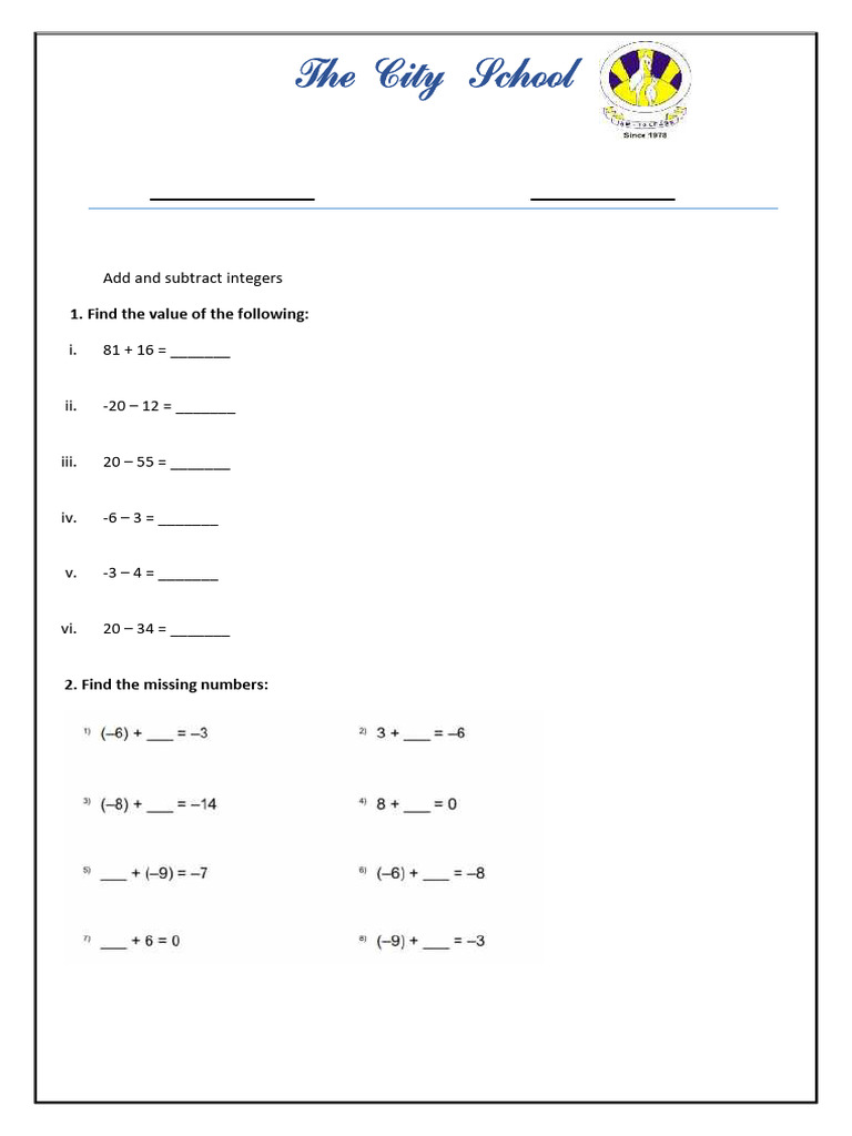 Class 6 Integers Addition Worksheet | PDF