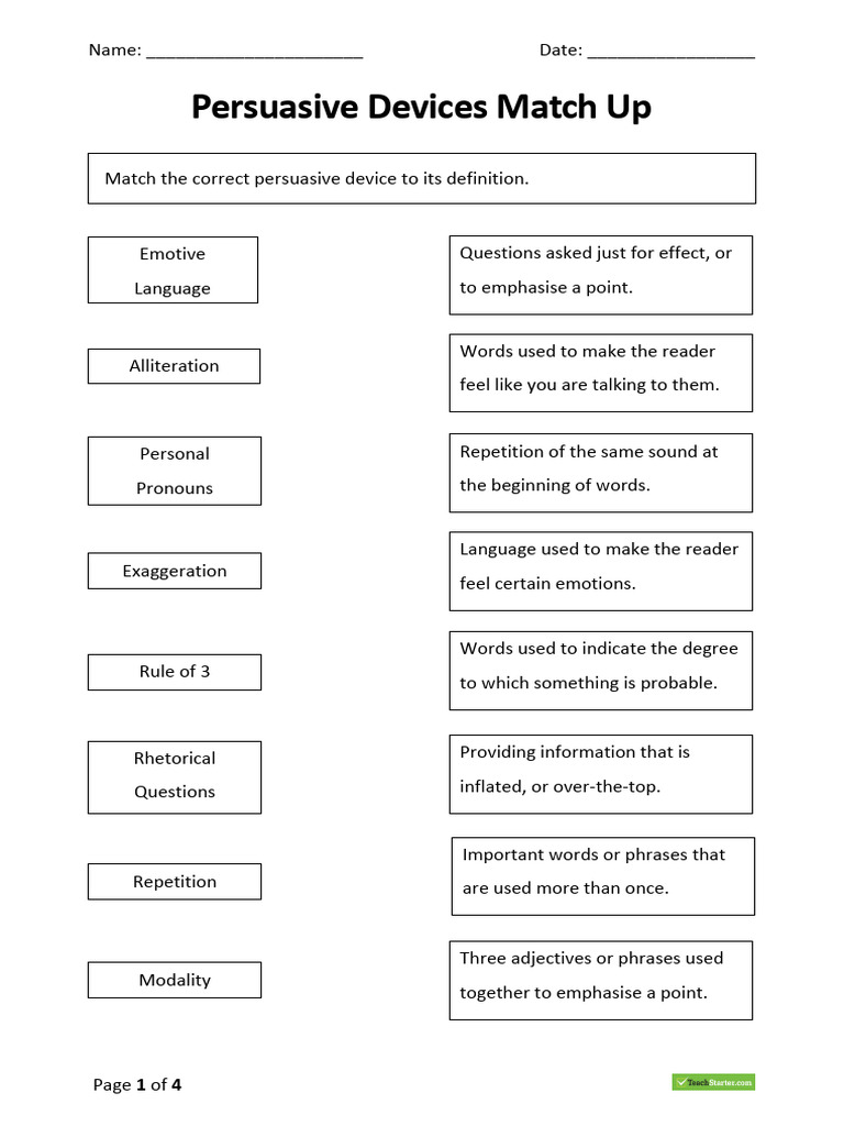 Persuasive Devices Match Up Intermediate | PDF | Pronoun | Word
