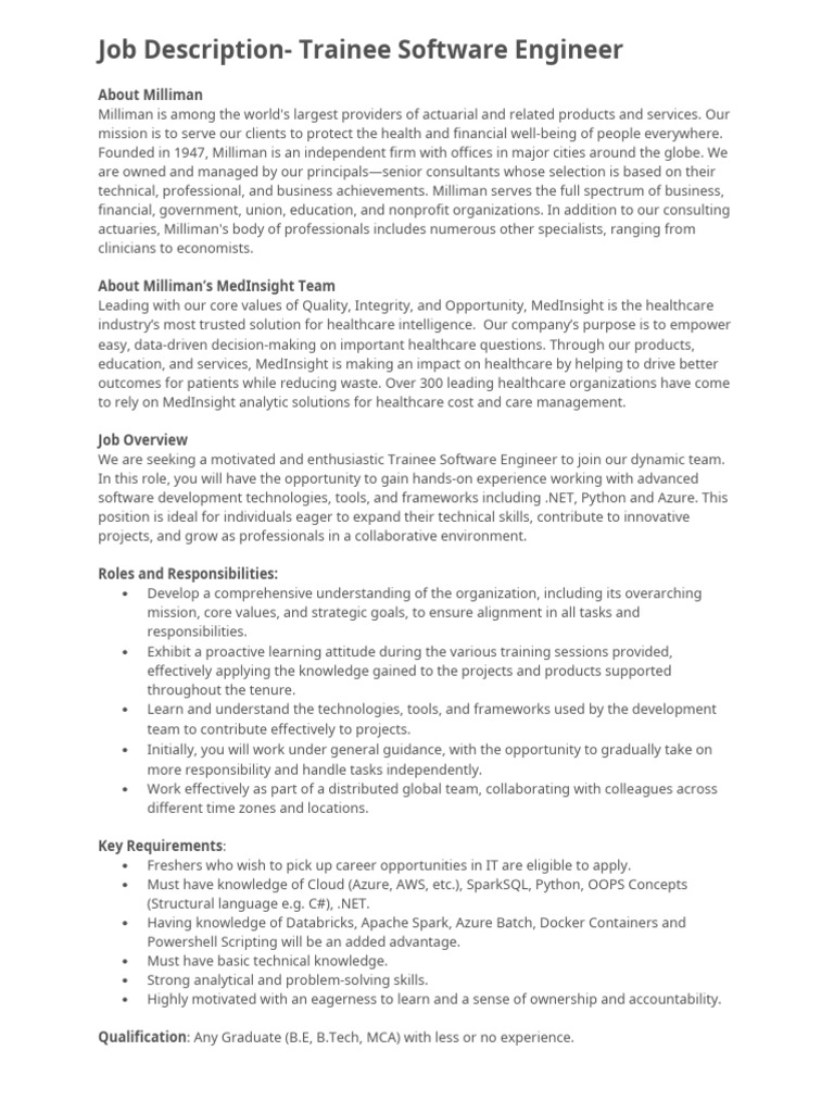 Job Description - Trainee Software Engineer | PDF | Health Care | Business