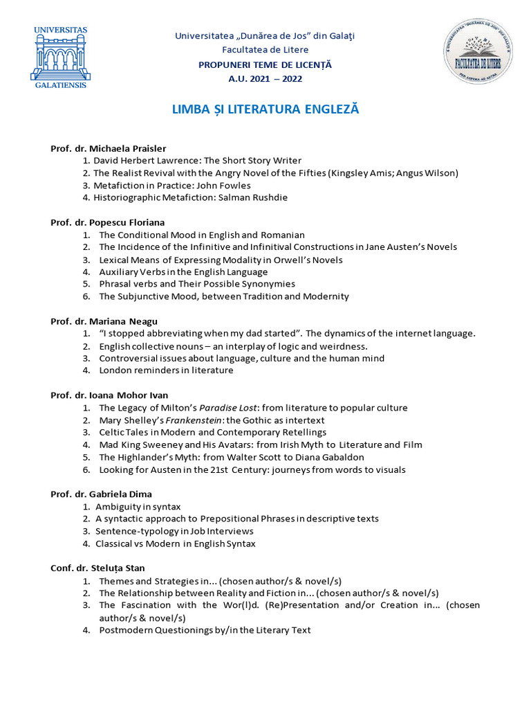 Teme Licenta Engleza 2021 - 2022 | PDF | English Language | Translations