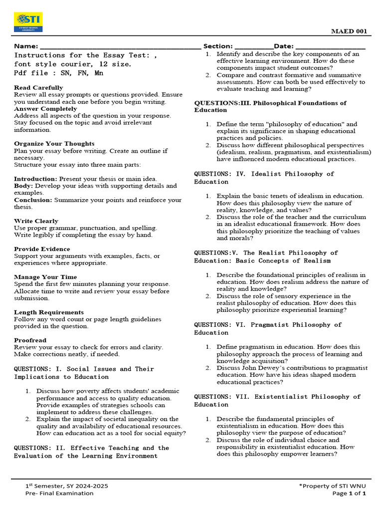 E.segovia Pre Final Exam Maed | PDF | Pragmatism | Essays