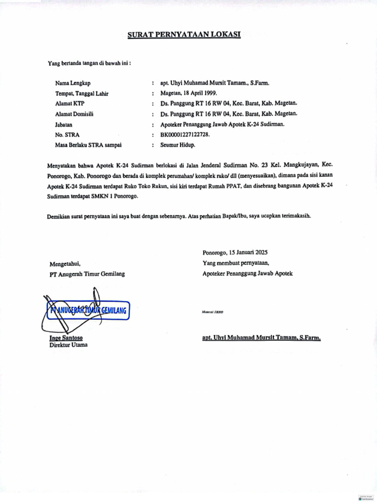 Sudirman Surat Pernyataan Lokasi | PDF