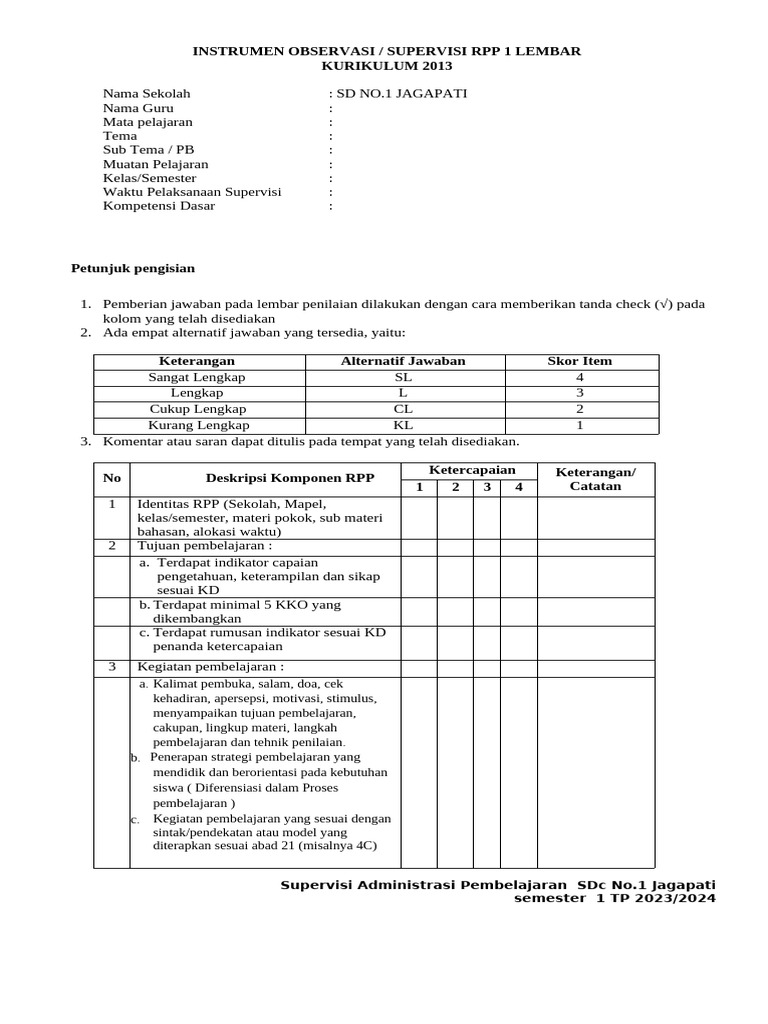 Form Supervisi RPP 1 Lembar K.13 | PDF
