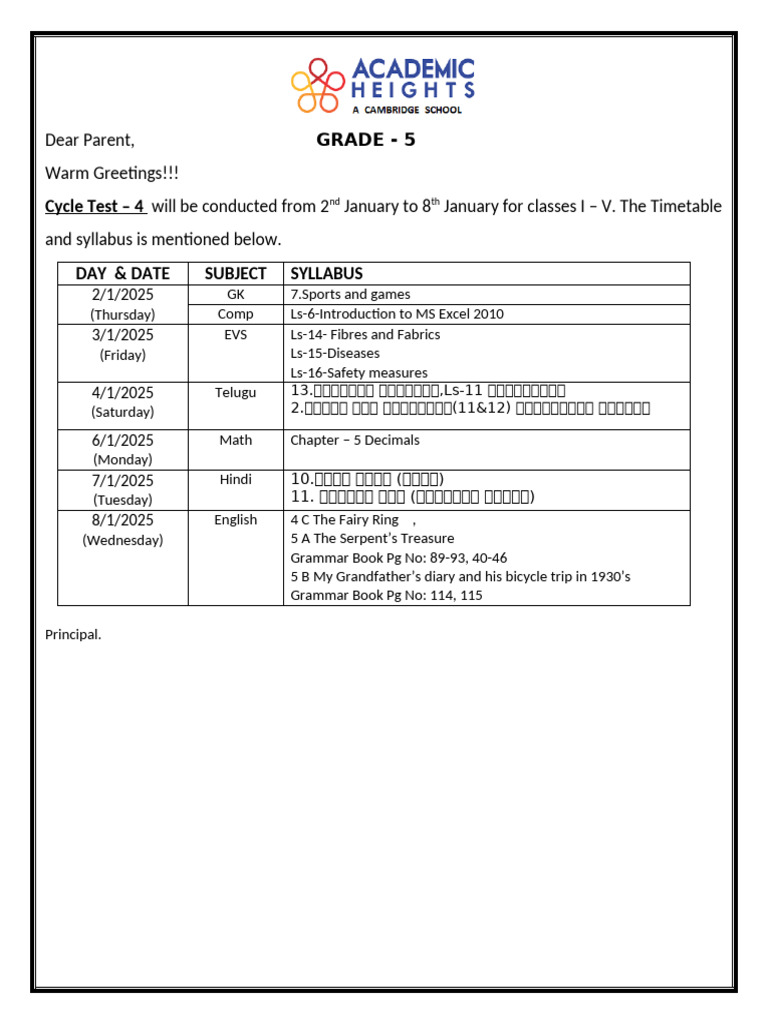 Grade 5 Cycle Test 4 Timetable 2025 | PDF