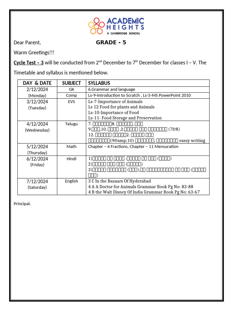 Grade 5 Cycle Test 3 Timetable & Syllabus | PDF