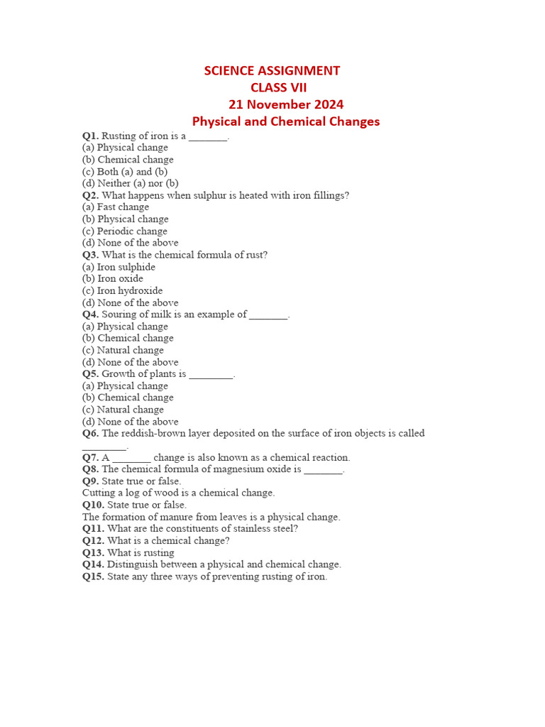 Class 7 Science Assignment: Changes | PDF