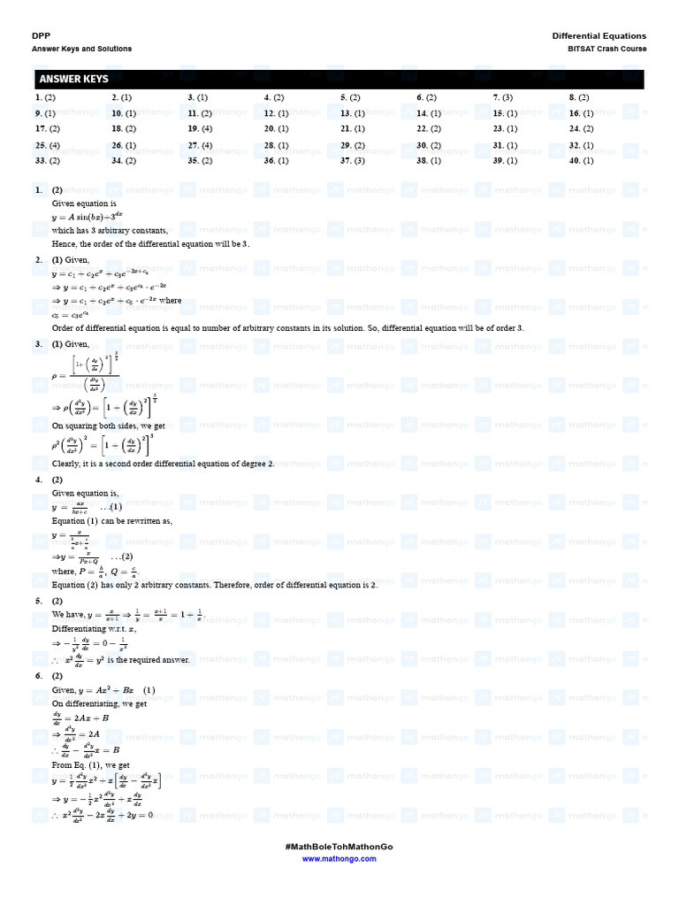 Solution DPP Differential Equations BITSAT Crash Course MathonGo | PDF | Differential Equations ...