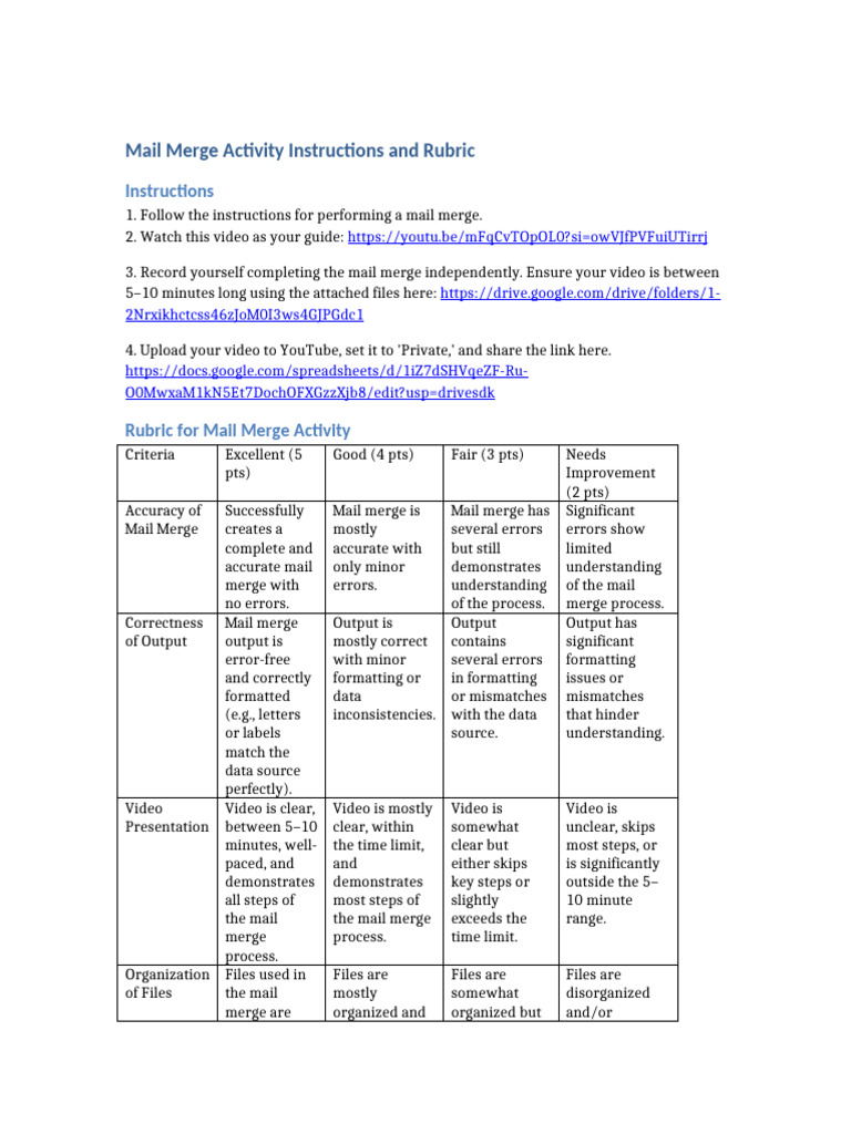 Mail_Merge_Activity_Rubric (1) | PDF | You Tube | Computing