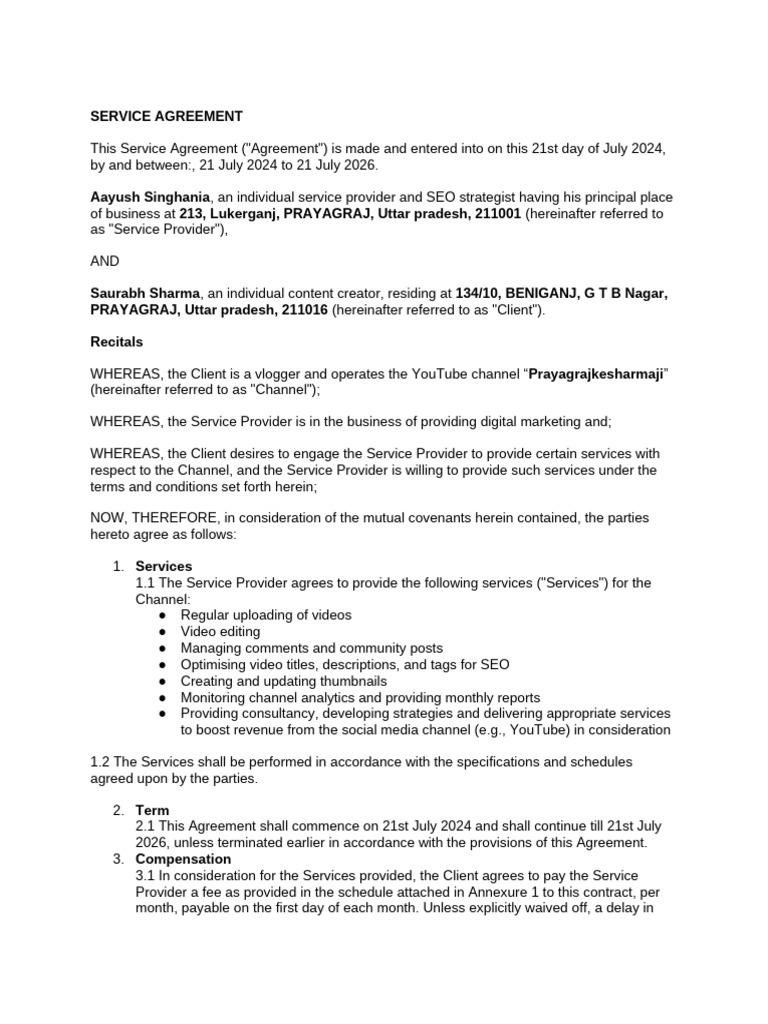 YouTube Channel Service Agreement | PDF | Indemnity | Private Law