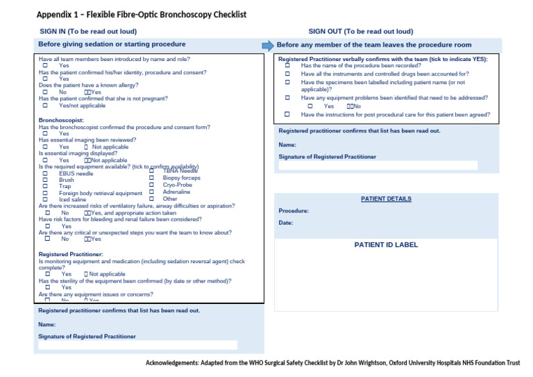 Flexible Bronchoscopy Safety Checklist | PDF | Health Care | Clinical ...