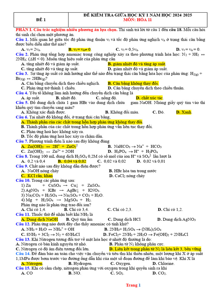 HÓA 11 BỘ ĐỀ ÔN THI GK1 | PDF