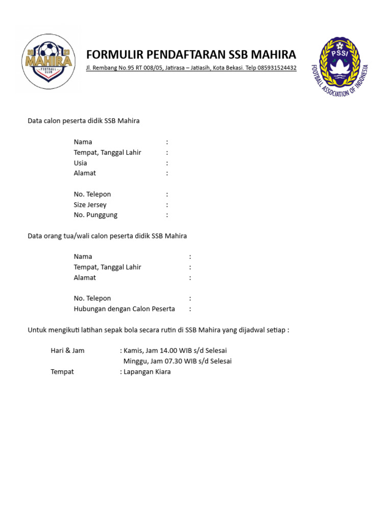 Formulir Pendaftaran SSB Mahira | PDF
