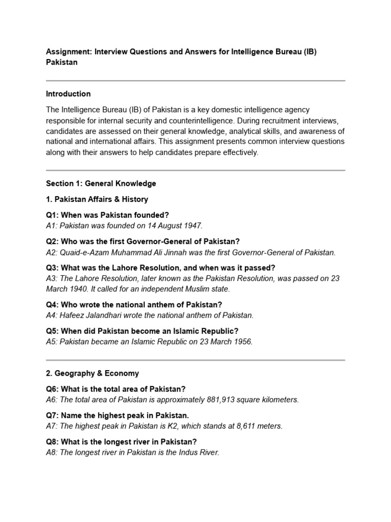 Assignment of IB Interview Questions | PDF | Pakistan | Government Of ...