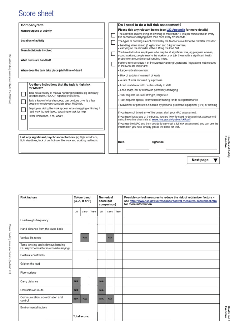 HSE Manual Handling MAC Assessment | PDF | Labor Relations ...