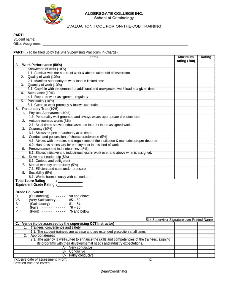 OJT Evaluation Tool For BS Criminology | PDF | Behavioural Sciences | Psychology