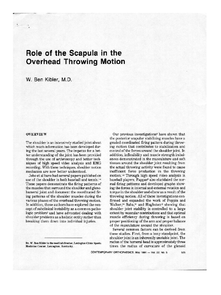 Kibler 1991 - Role of The Scapula in The Overhead Throwing Motion | PDF ...