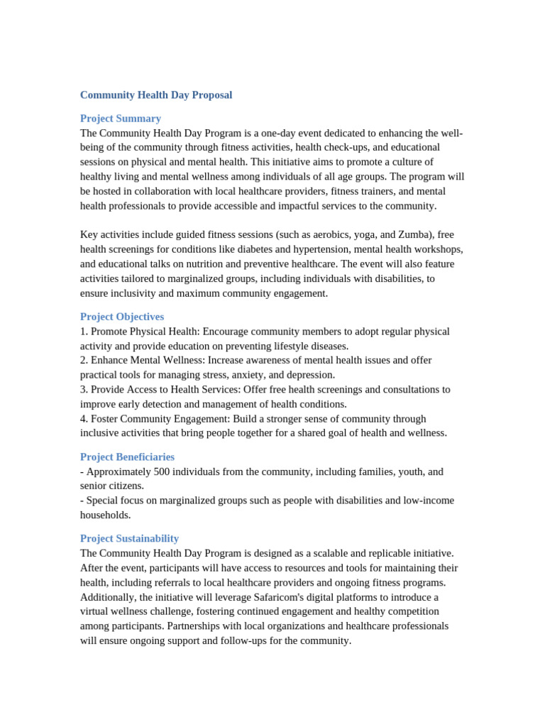 Community Health Day Proposal | PDF | Physical Fitness | Mental Health