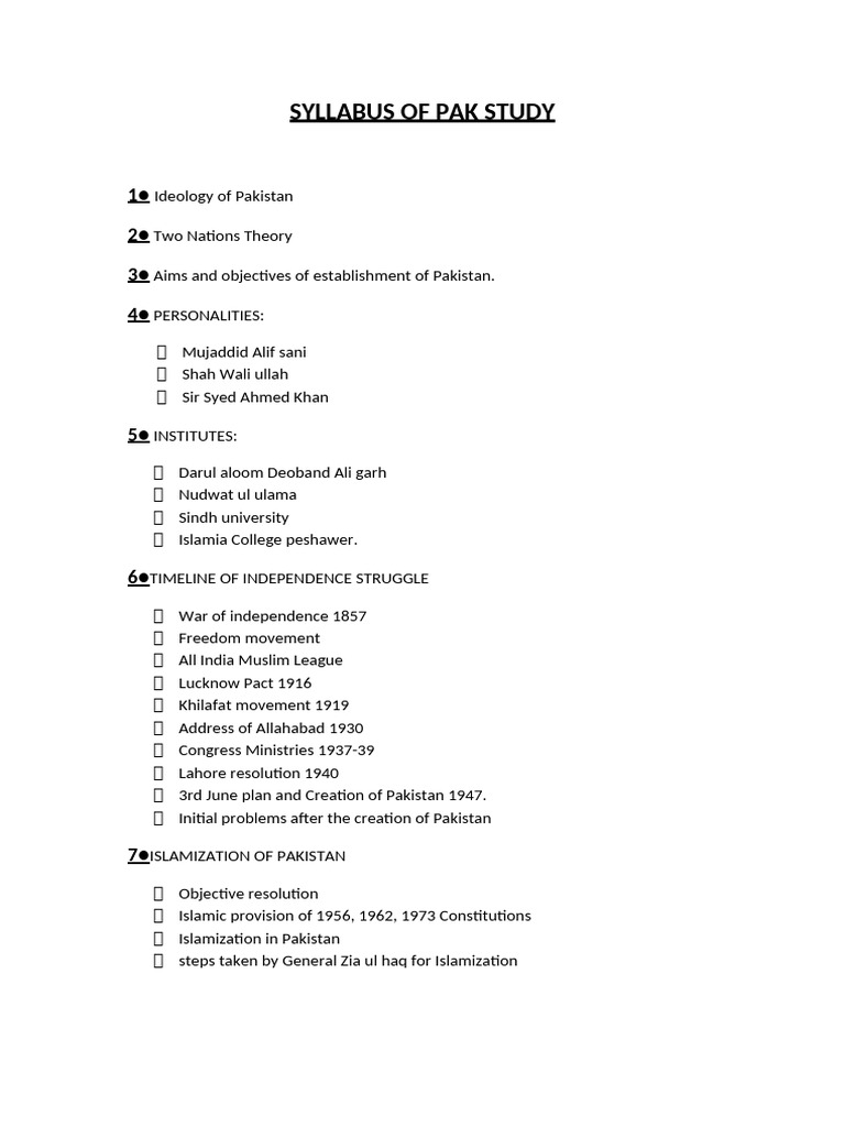 Syllabus of Pak Study | PDF