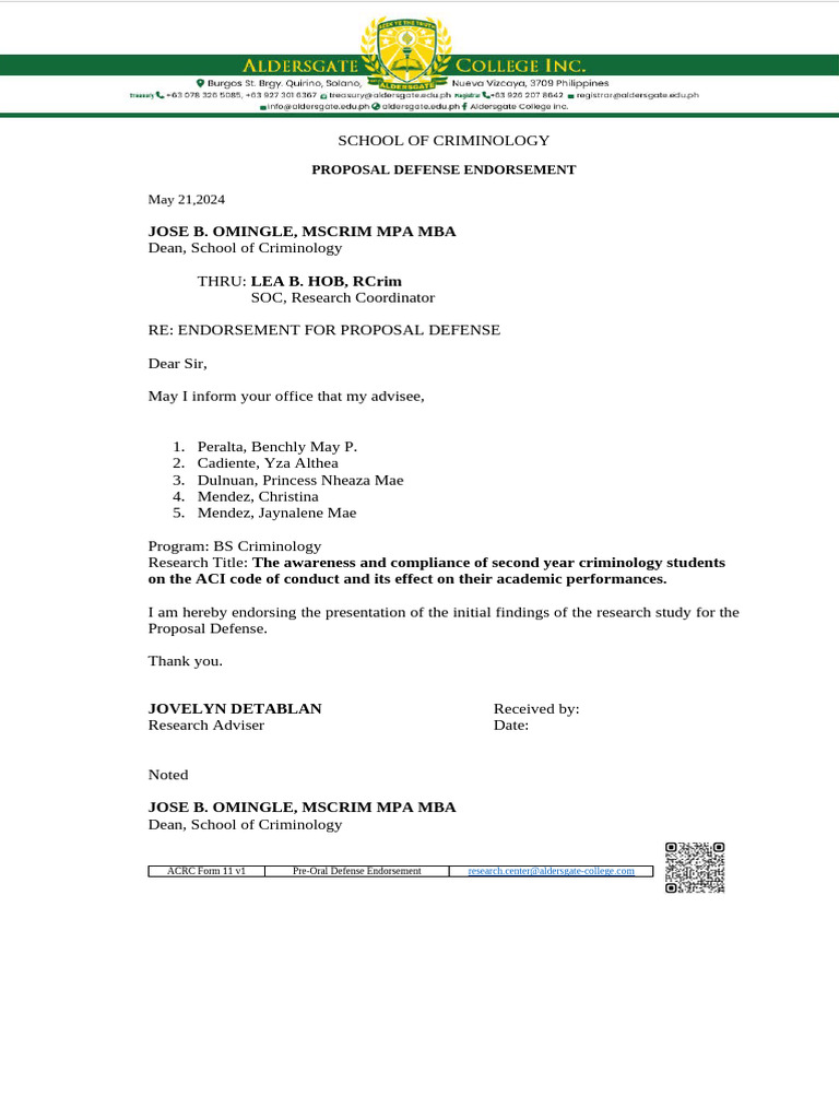 ACRC FORM 11 v1 pROPOSAL Defense Endorsement | PDF